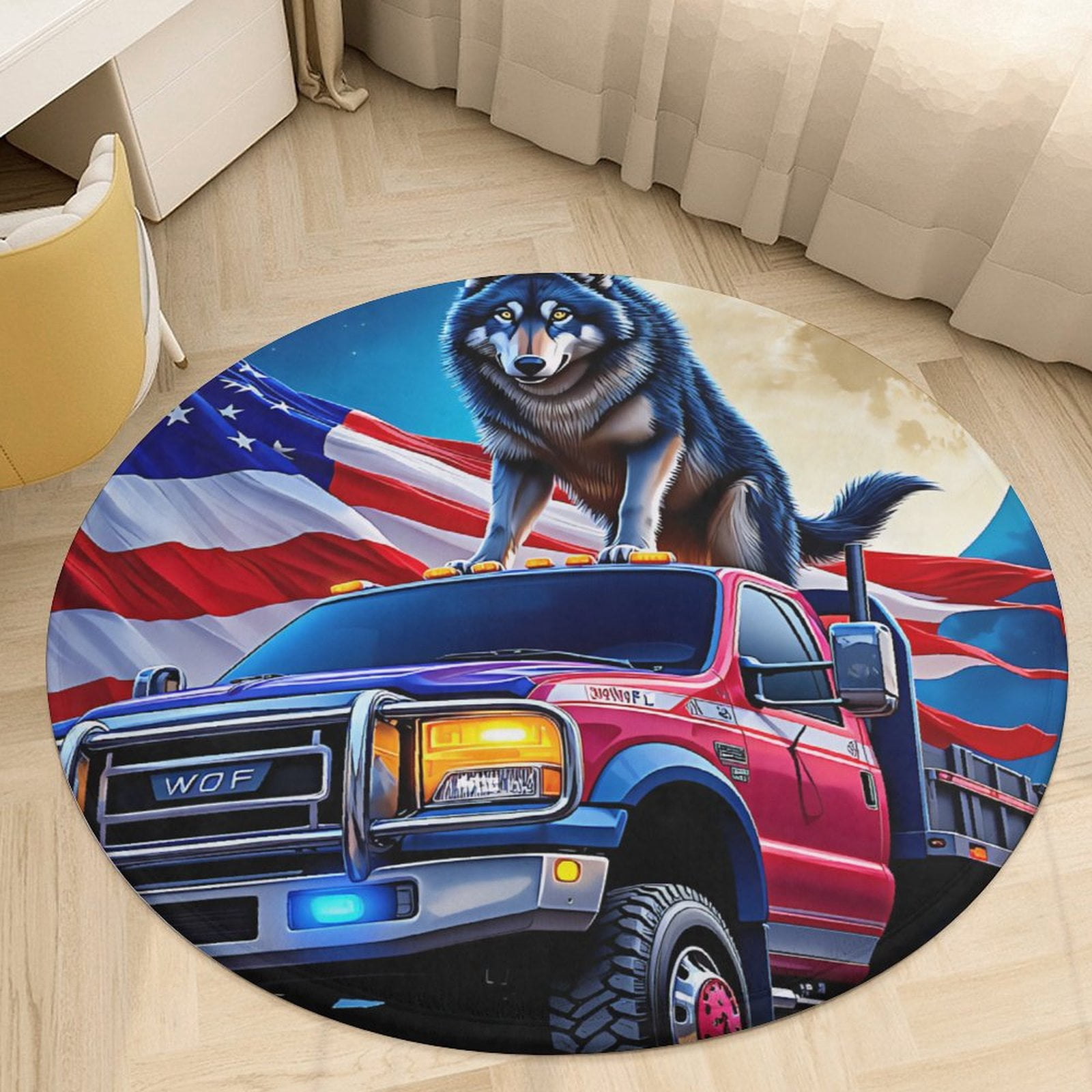Blue Wolf Red Truck Round Area Rugs for Bedroom Living Room, 6FT Soft ...