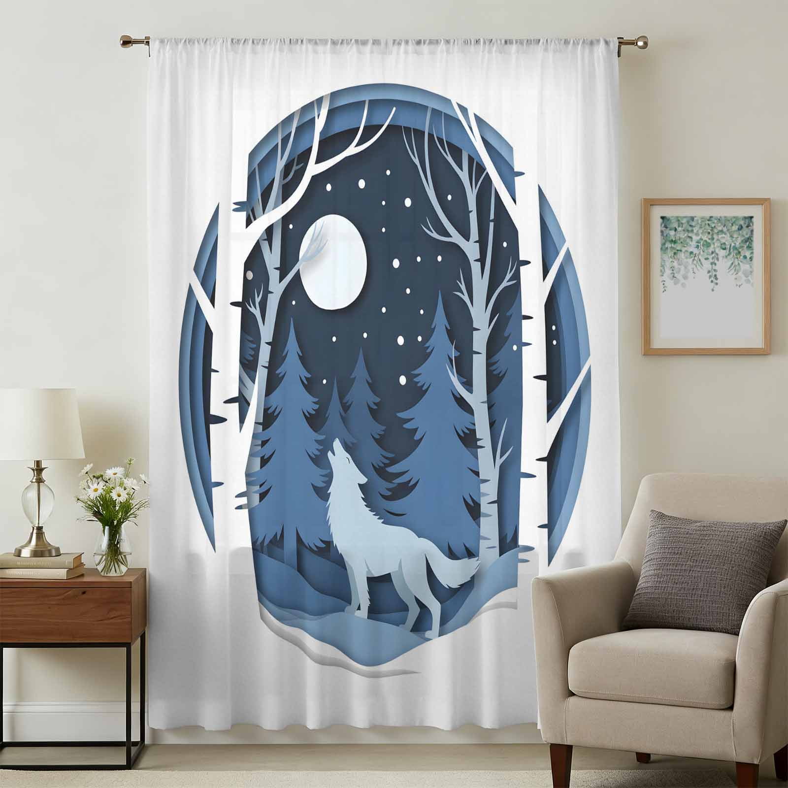 Blue Wolf Sheer Curtains 108" Extra Long, Christmas Tree Forest ...