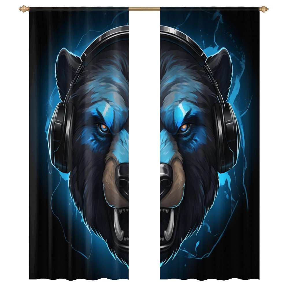 Blue Wolf With Headphones Sheer Window Curtains for Living Room Kitchen ...