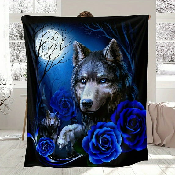 Blue Wolf and Rose Floral Flannel Blanket, Heavyweight Cozy Throw ...