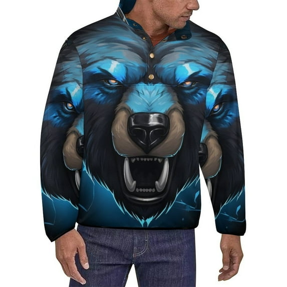 Blue Wolf with Headphones Men's Stand Collar Sweater Long Sleeve ...