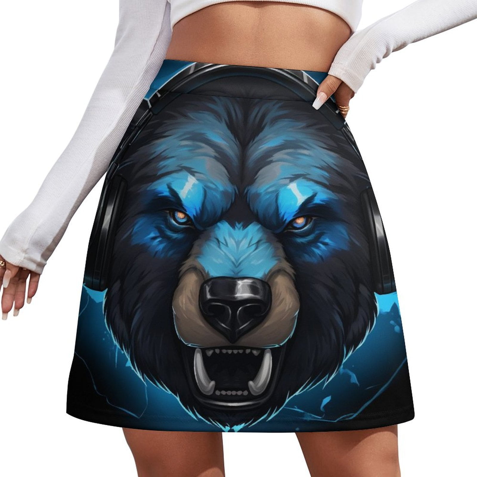 Blue Wolf with Headphones Women's High Waist Skirt Stretchy Casual Mini ...