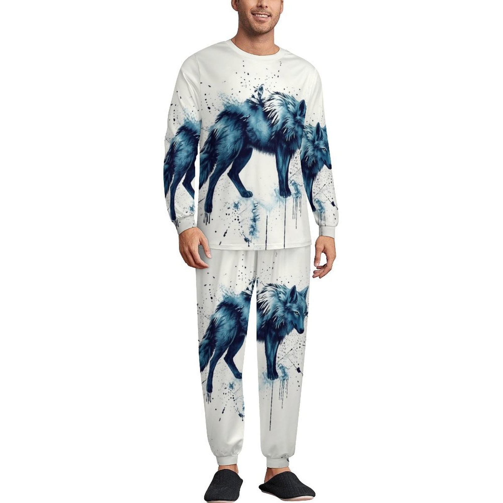 Blue Wolves Splash Art Pajamas Long Sleeves 2 Pieces Room Pajama Sets ...