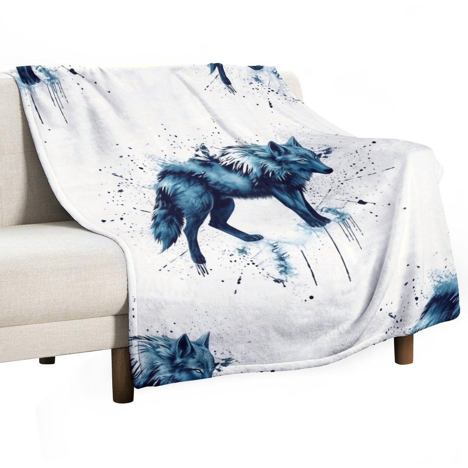 Blue Wolves Splash Art Throw Blanket for Sofa Luxury Home Interior ...