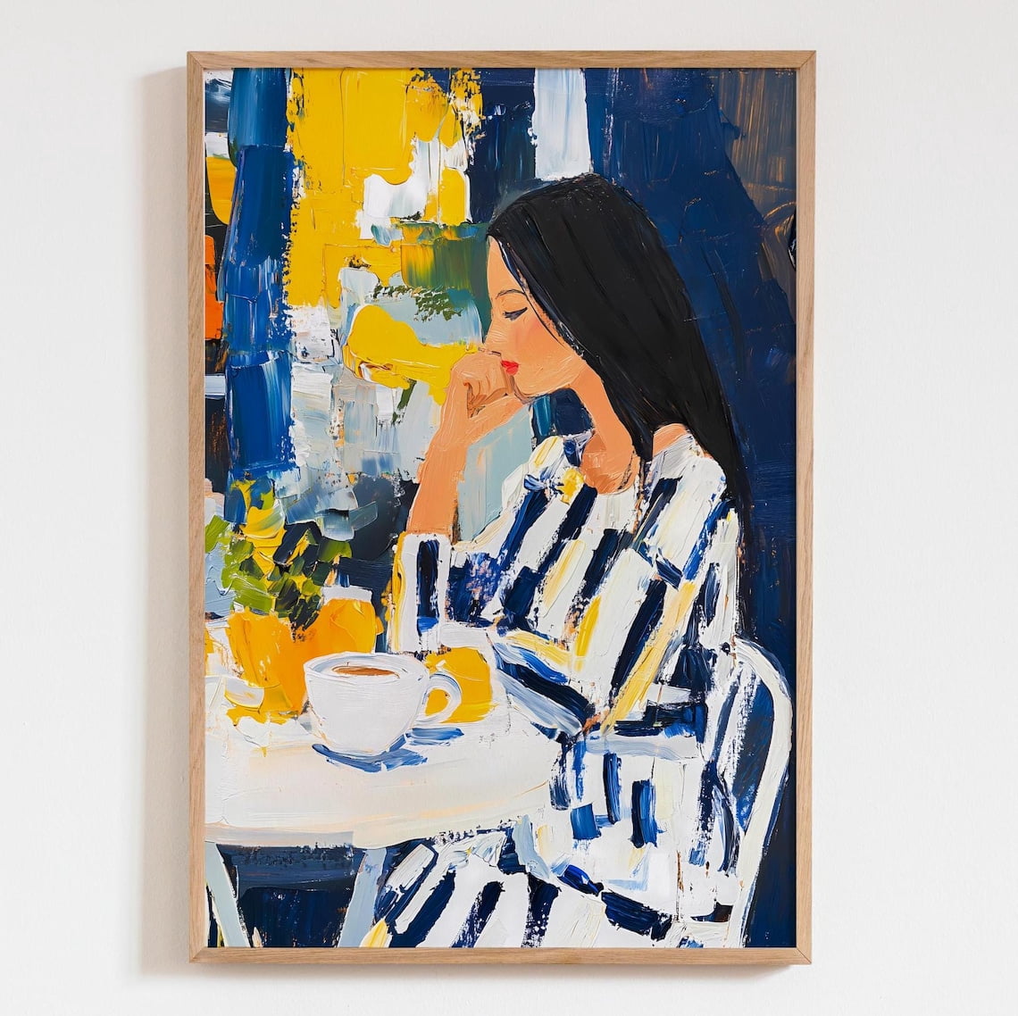 Blue Woman Coffee Shop Art Vibrant Dopamine Stripe Colorful Cafe Wall ...