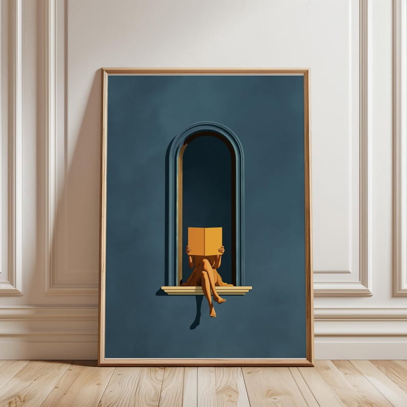 Blue Woman Reading Poster Minimalist Literary Wall Art Library Book ...