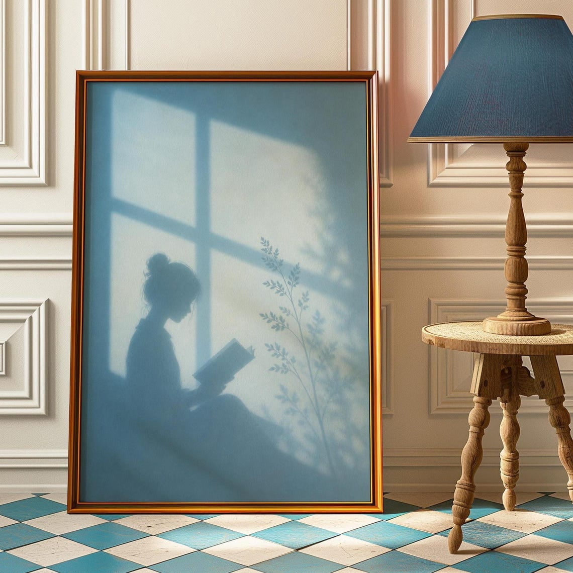 Blue Woman Reading Window Shadow Wall Art Soft Minimal Book, Unframed ...