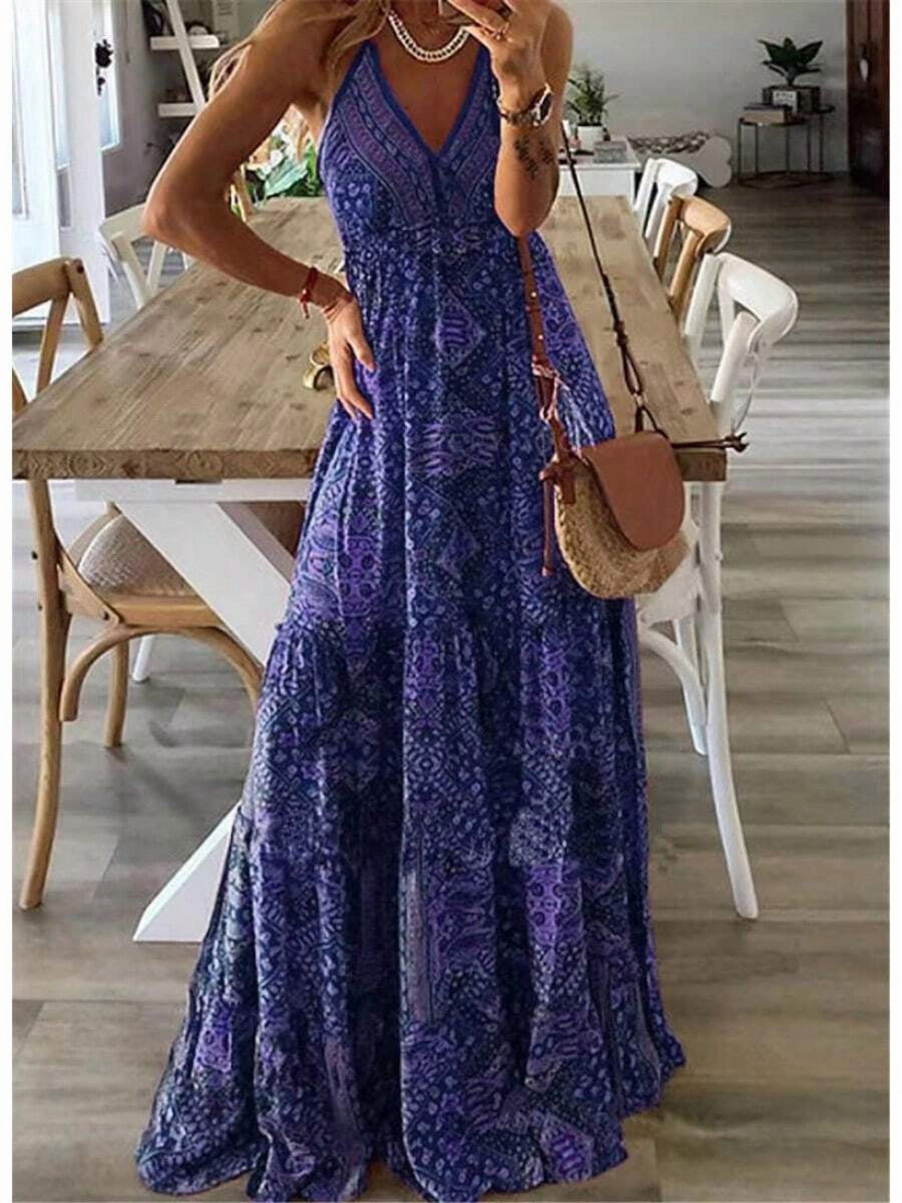 Blue Women Bohemian Style High Waist V-Neck Floral Print Maxi Dress ...