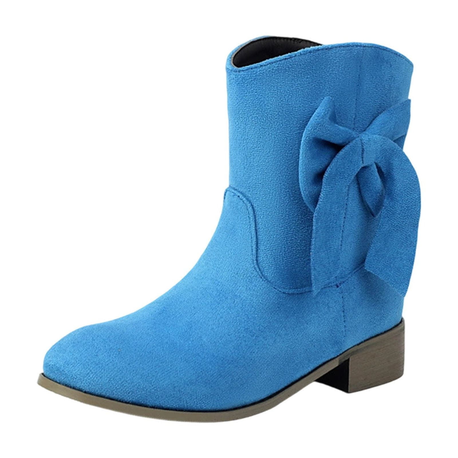Blue Women Chunky Low Heel Ankle Boots With Bow Detail For Winter ...