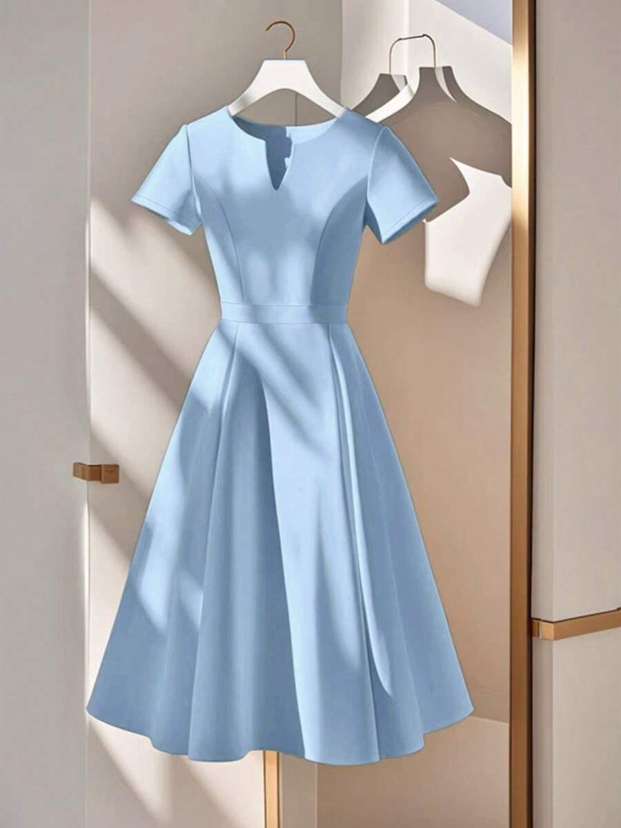Blue Women Elegant Notched Neck Short Sleeve Fit And Flare Midi Dress ...