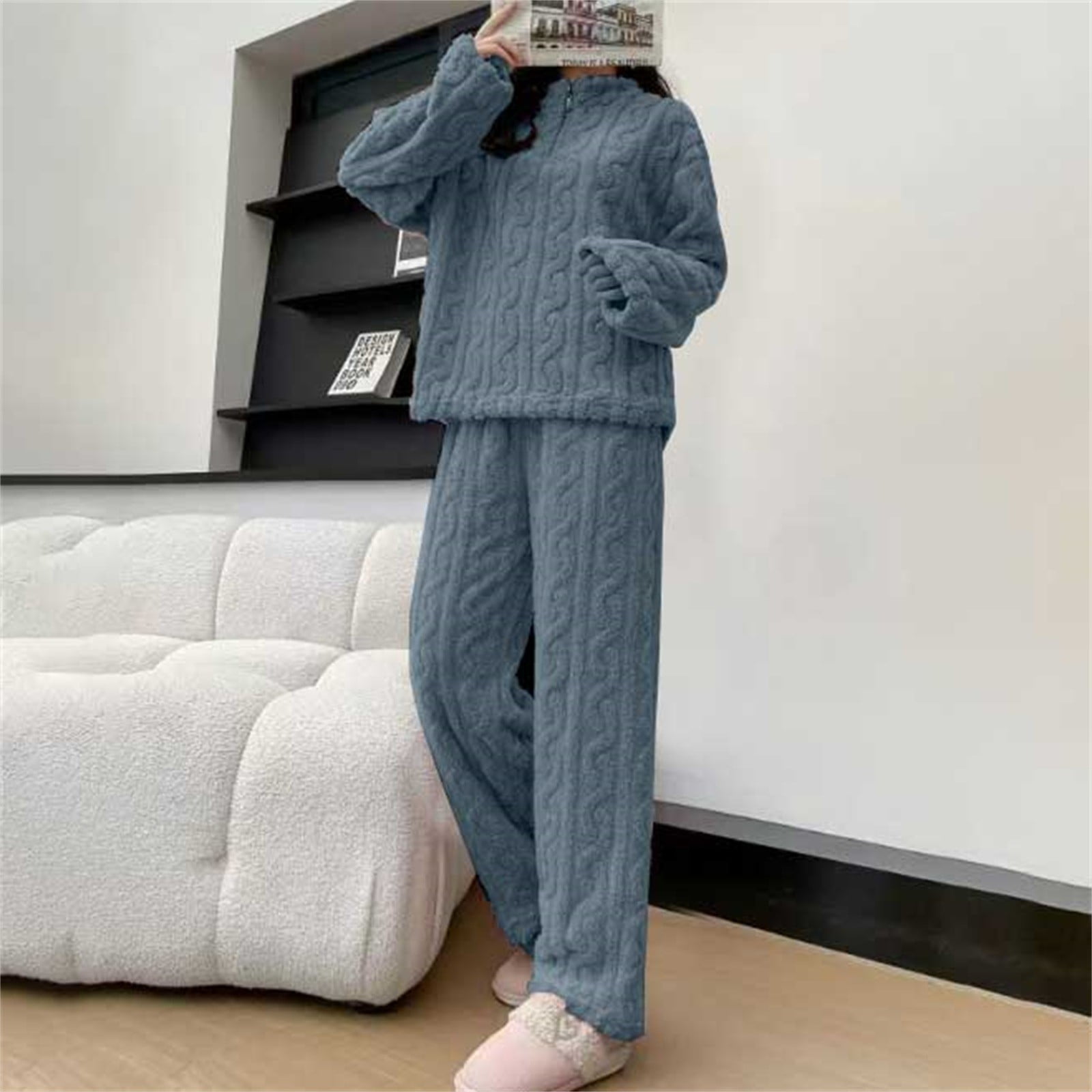Blue Women Pajama Sets Womens Fuzzy Pajama Sets Warm Cozy Winter Sets ...