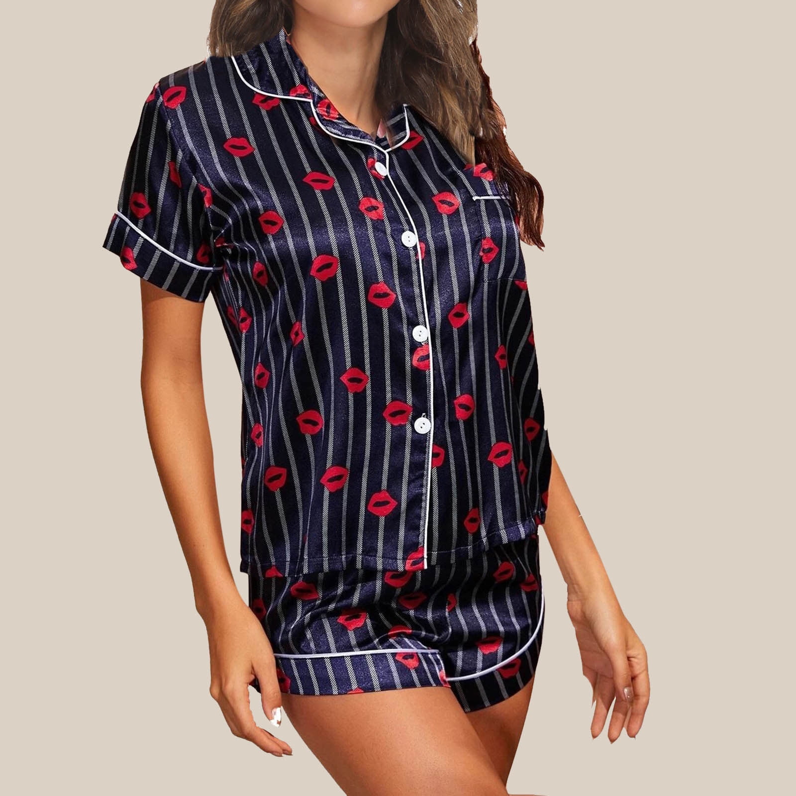 Blue Women Pajama Sets Womens Pajamas Homewear Set Short Sleeve Shorts ...