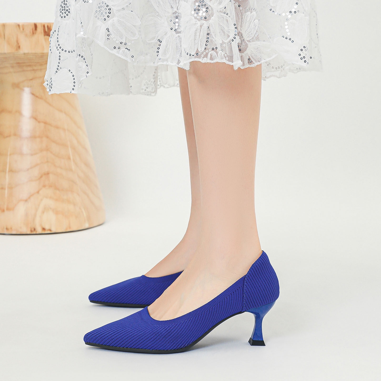 Blue Women'S Knitted Pointed Toe High Heels With Straight Grain Design ...