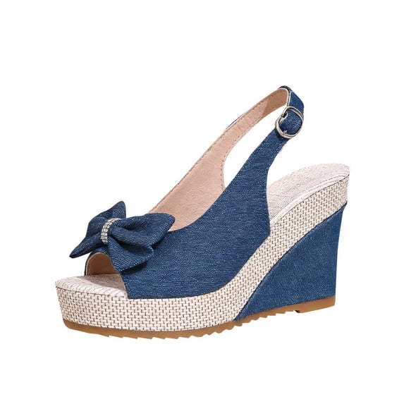 Blue Women'S Sandals Peep Toe Wedge With Buckle Bow Design Comfortable ...