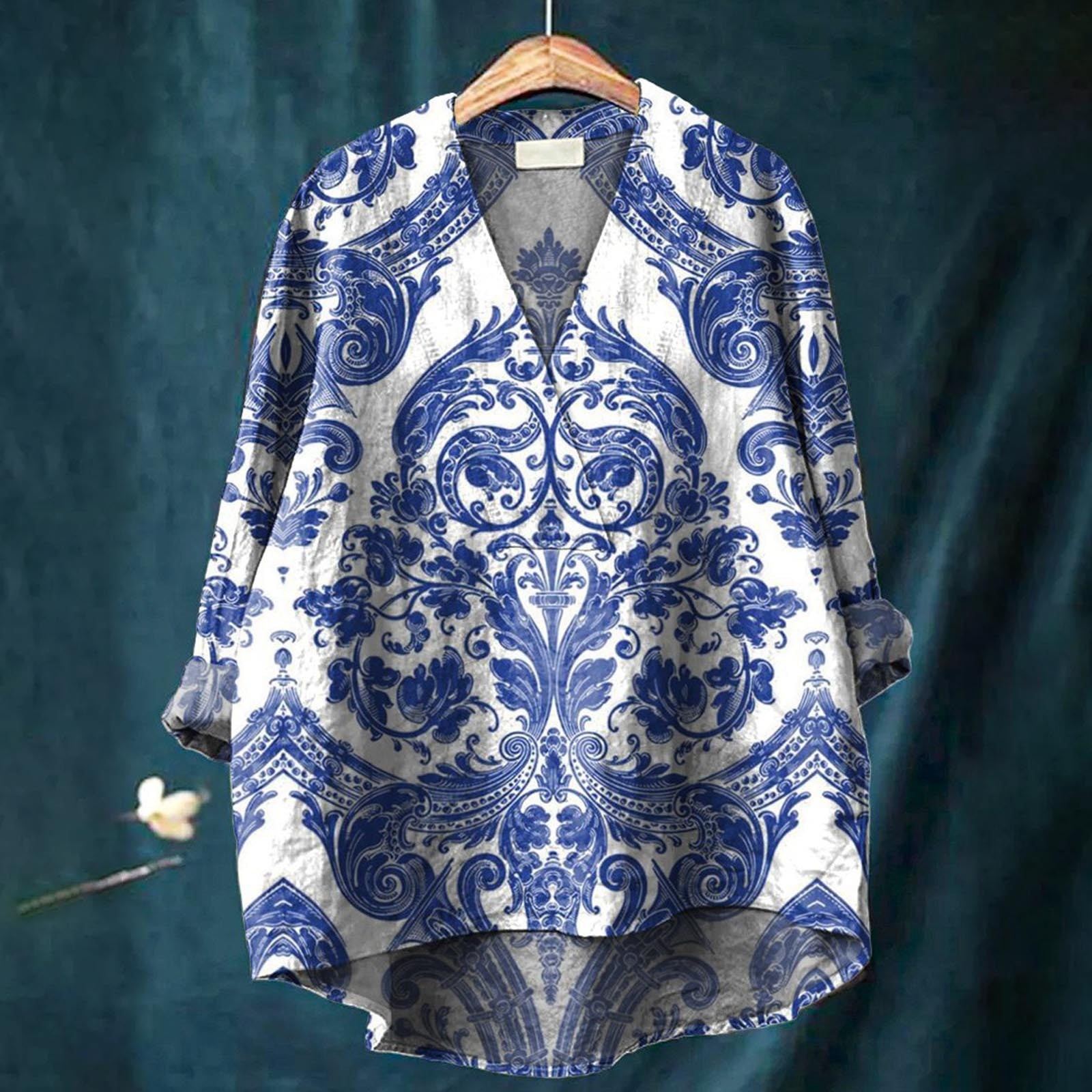 Blue Women Shirts, Ethnical Symmetrical Pattern Printed Women'S Casual ...