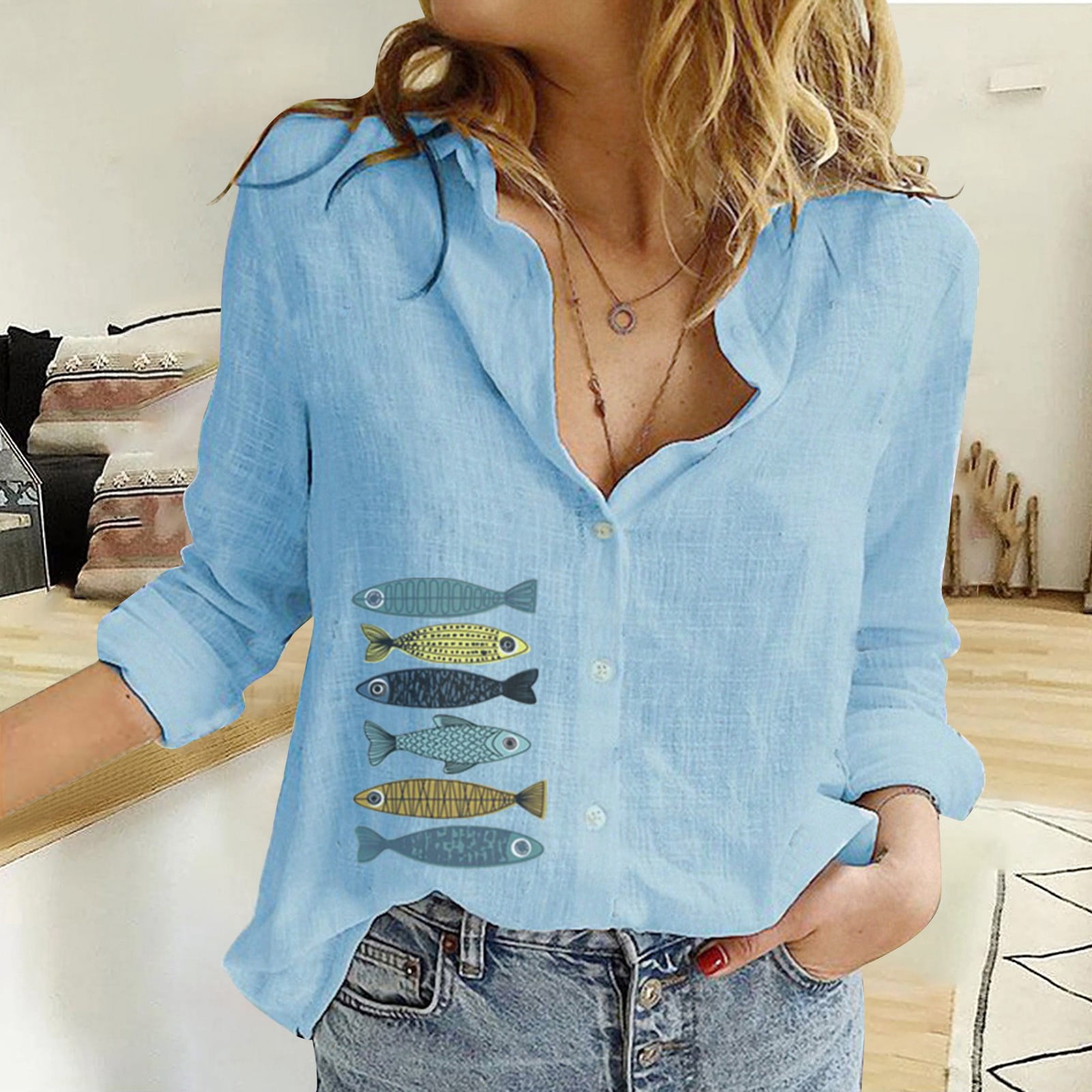 Blue Women Shirts, Fashion Women'S Loose Button Solid Lapel Long ...