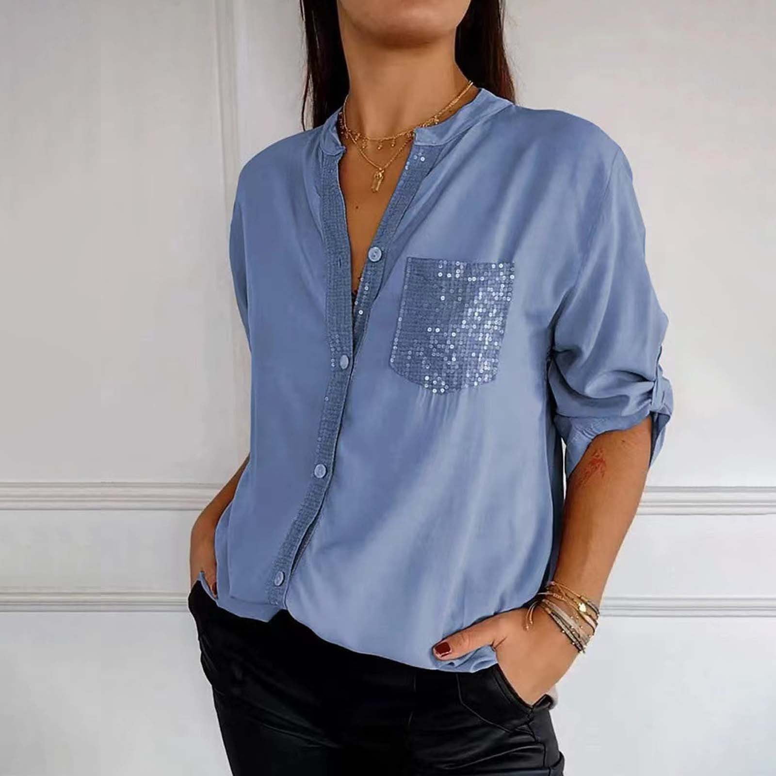 Blue Women Shirts, Women'S Casual V Neck Collared Button Up Blouse Top ...