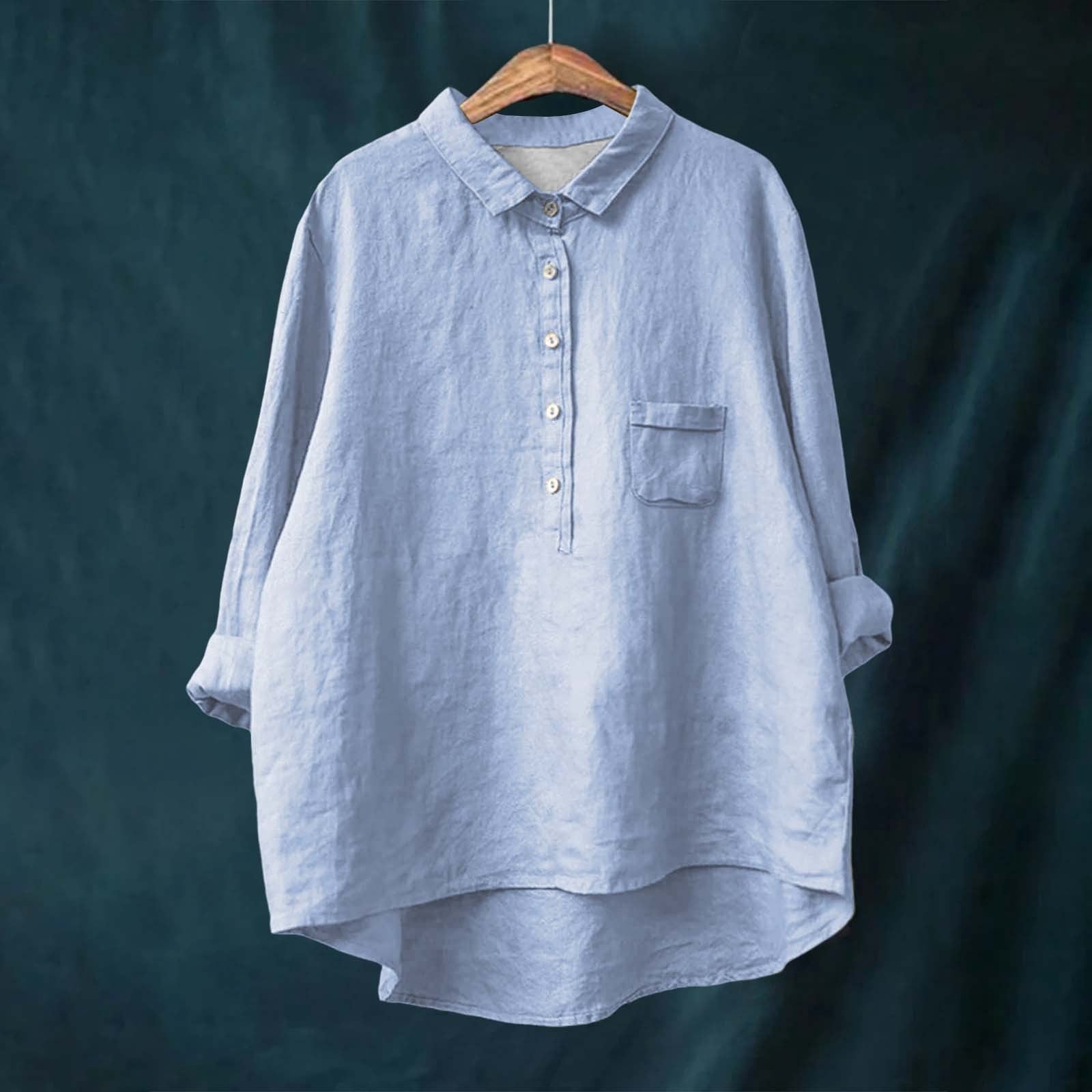 Blue Women Shirts, Women'S Lapel Neck Casual Solid Colour Cotton And ...