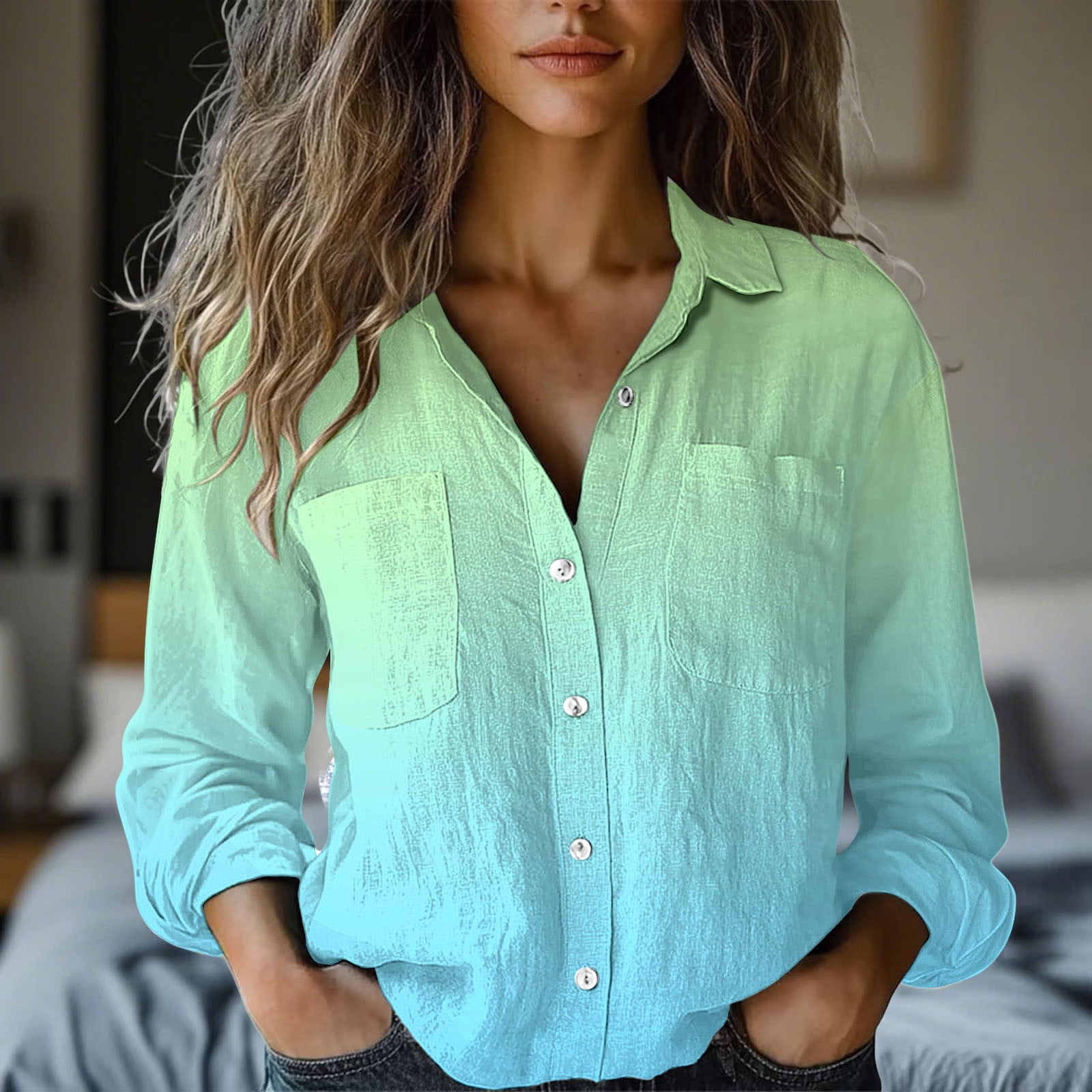 Blue Women Shirts, Women'S Long Sleeved Printed Button Down Shirt,Women Shirts XXL - Walmart.com