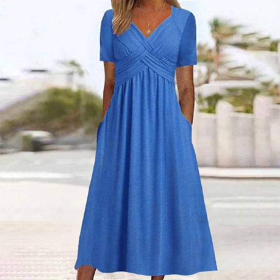 Blue Women Short Sleeve V-Neck Wrap Midi Dress Casual A-Line Fit ...