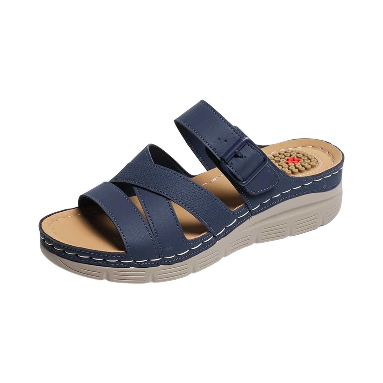 Blue Women Versatile Fish Mouth Slippers Wedge Thick Sole Stitching ...