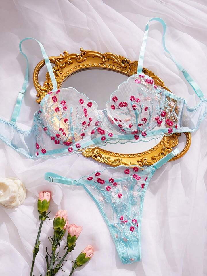 Blue Women’s Lingerie Set Sheer Floral Embroidery - Walmart.com