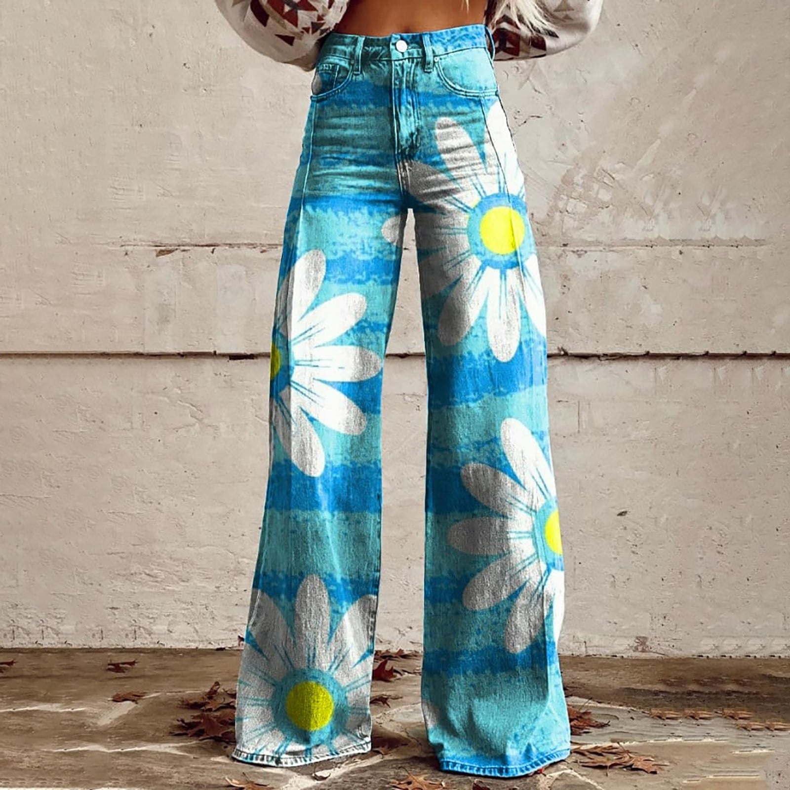Blue Women's Casual Pants, 2025 New Summer Flower Wide Leg Pants ...