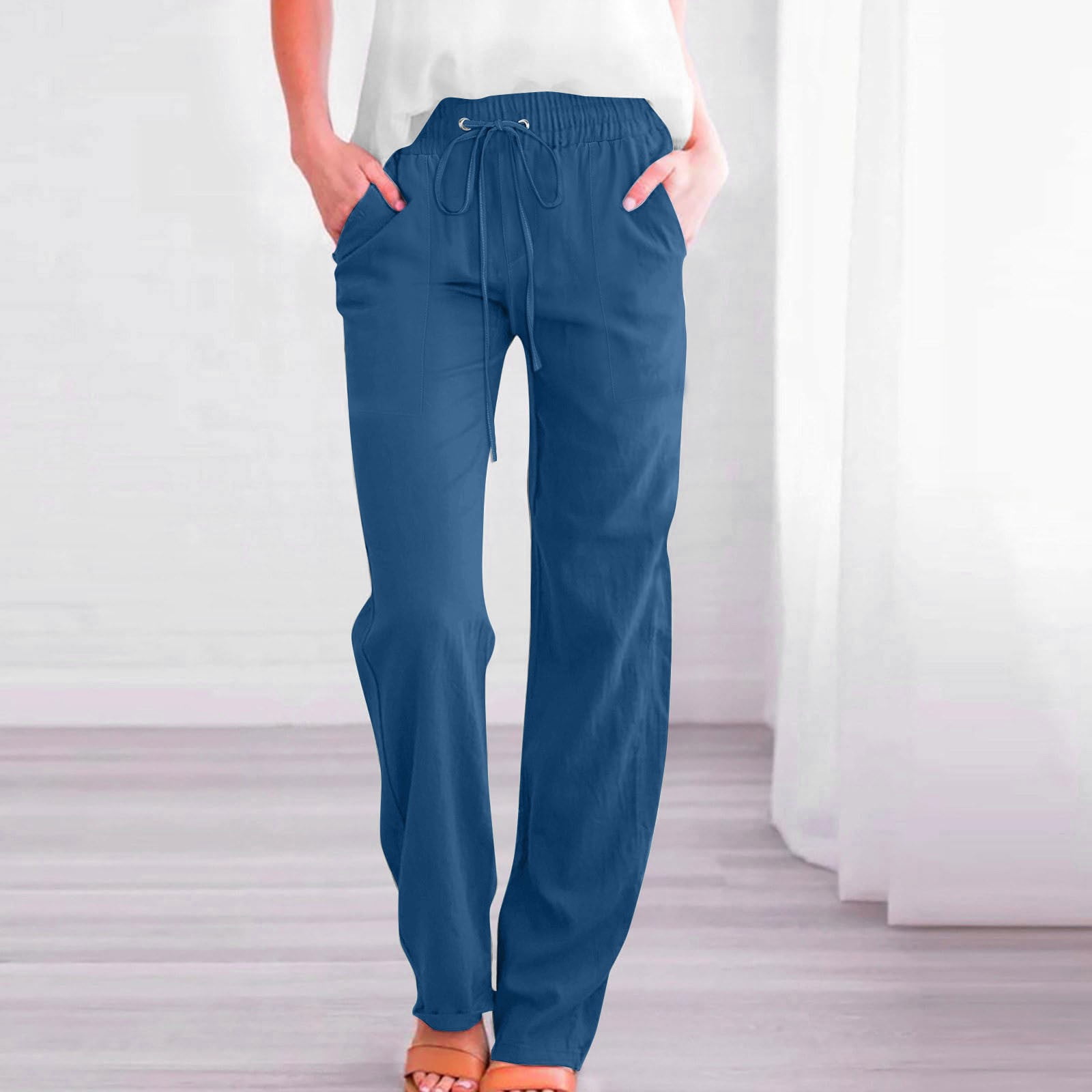 Blue Women's Casual Pants, Linen Pants Women Summer Wide Leg Pants ...