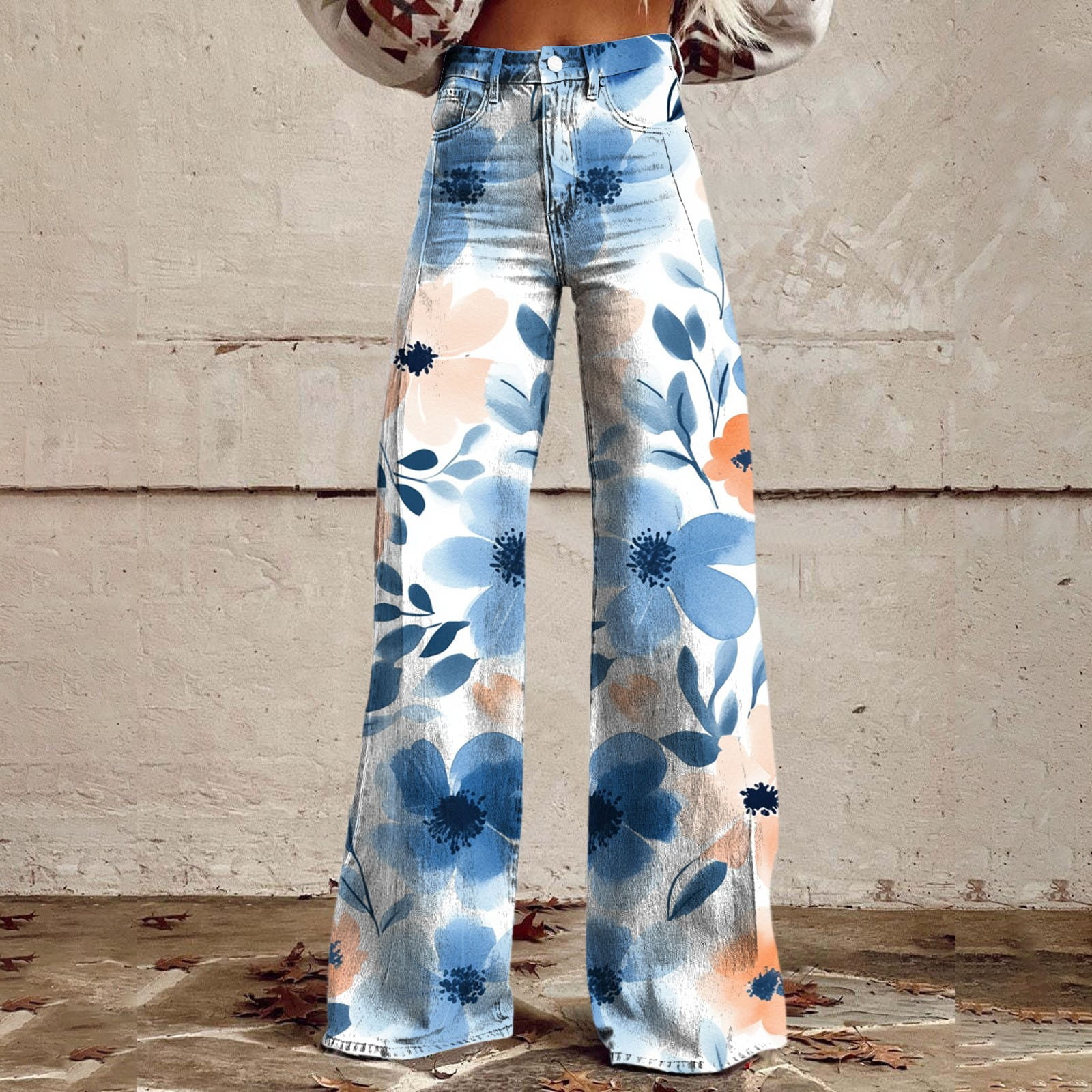 Blue Women's Casual Pants, Wide Leg Pants Woman High Waist Floral ...