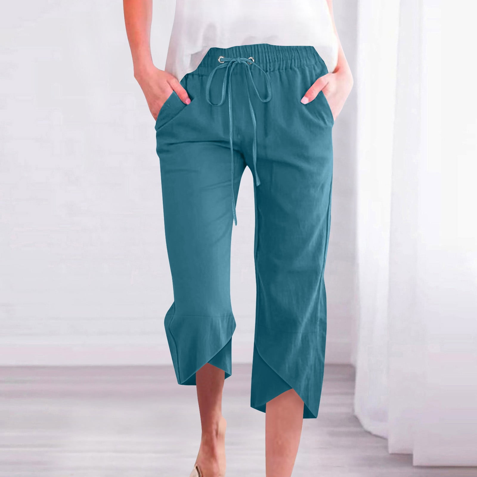 Blue Women's Casual Pants, Women High Waisted Wide Leg Pants Drawstring ...