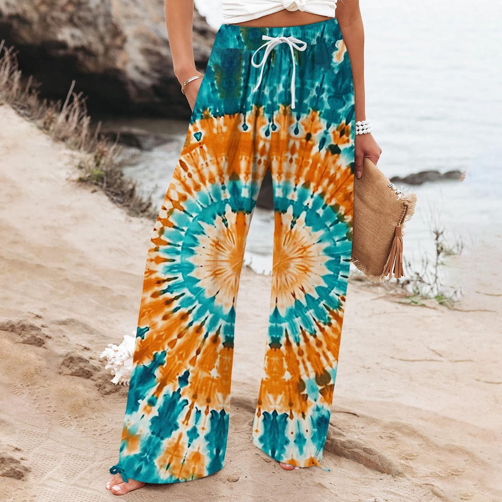 Blue Women's Casual Pants, Women'S Retro Printed Fashionable Drawstring ...