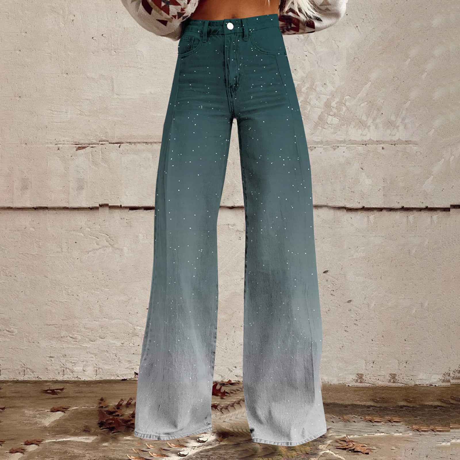 Blue Women's Jeans, Wide Leg Pants Woman High Waist Floral Patterned ...