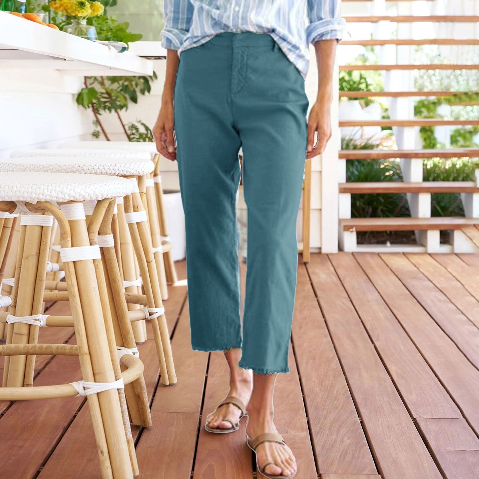 Blue Women's Pants Cropped Linen Pants Women High Waisted Straight Leg ...