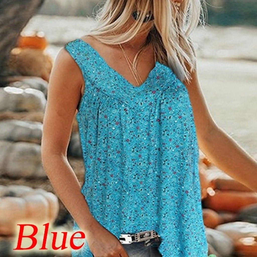 Blue Women's Short Sleeve T-shirt, Fashion Women V Collar Printed ...