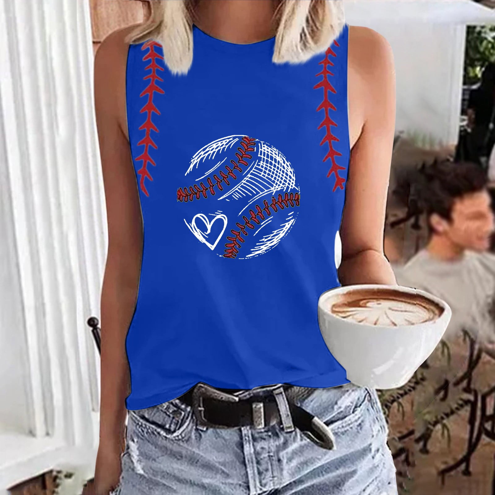 Blue Women's Tanks, Ladies Spring/Summer Round Neck Baseball Letter ...