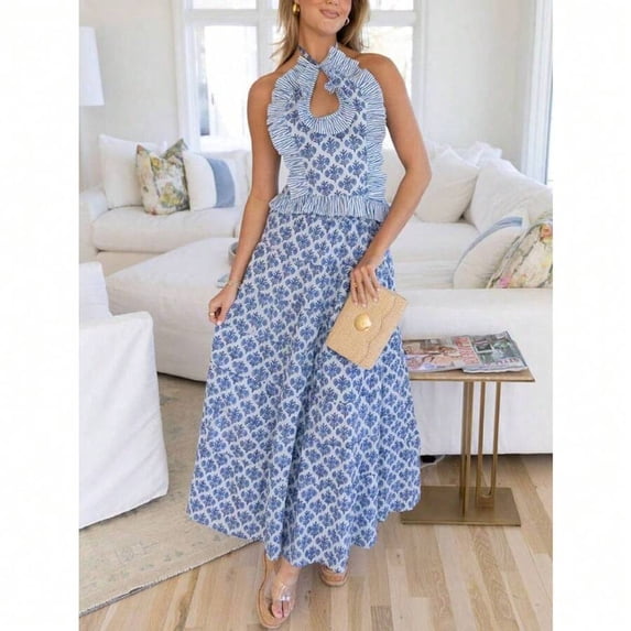 Blue Womens 2-Piece Maxi Skirt Set Halter Neck Ruffled Top With Floral ...