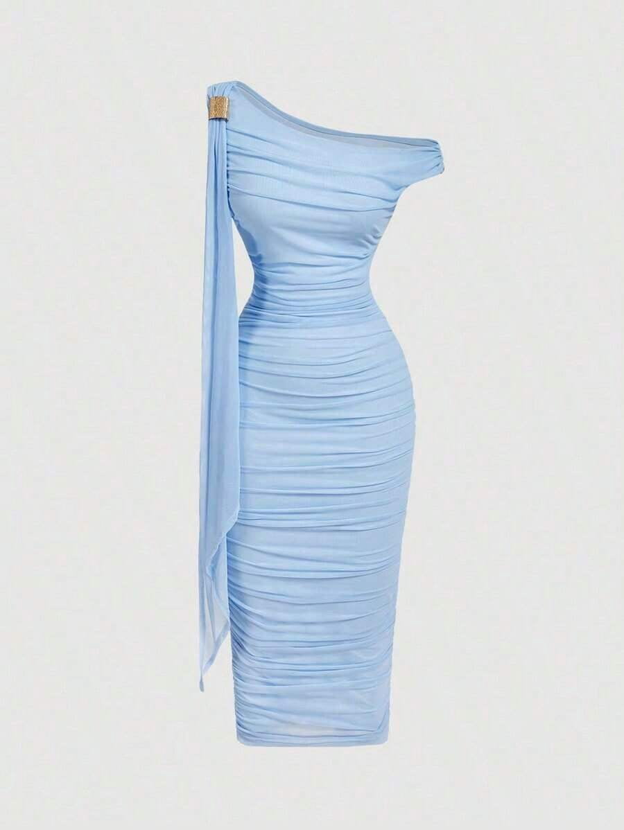 Blue Womens Asymmetric One-Shoulder Ruched Midi Dress, Elegant Fitted ...