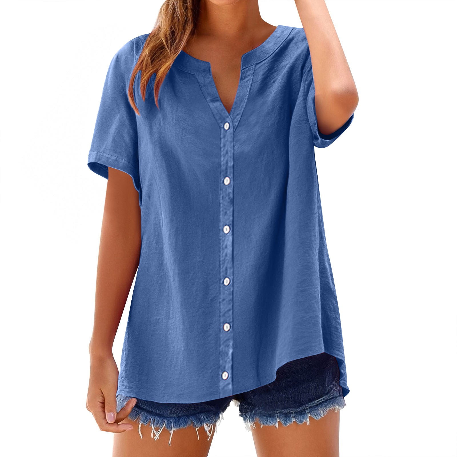 Blue Womens Blouses Loose Button Shirt Top Stand Solid Color Sleeve ...