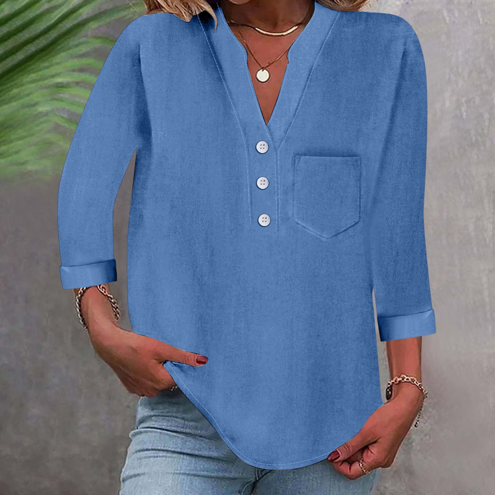 Blue Womens Blouses Loose Button Shirt Top Stand Solid Color Sleeve ...