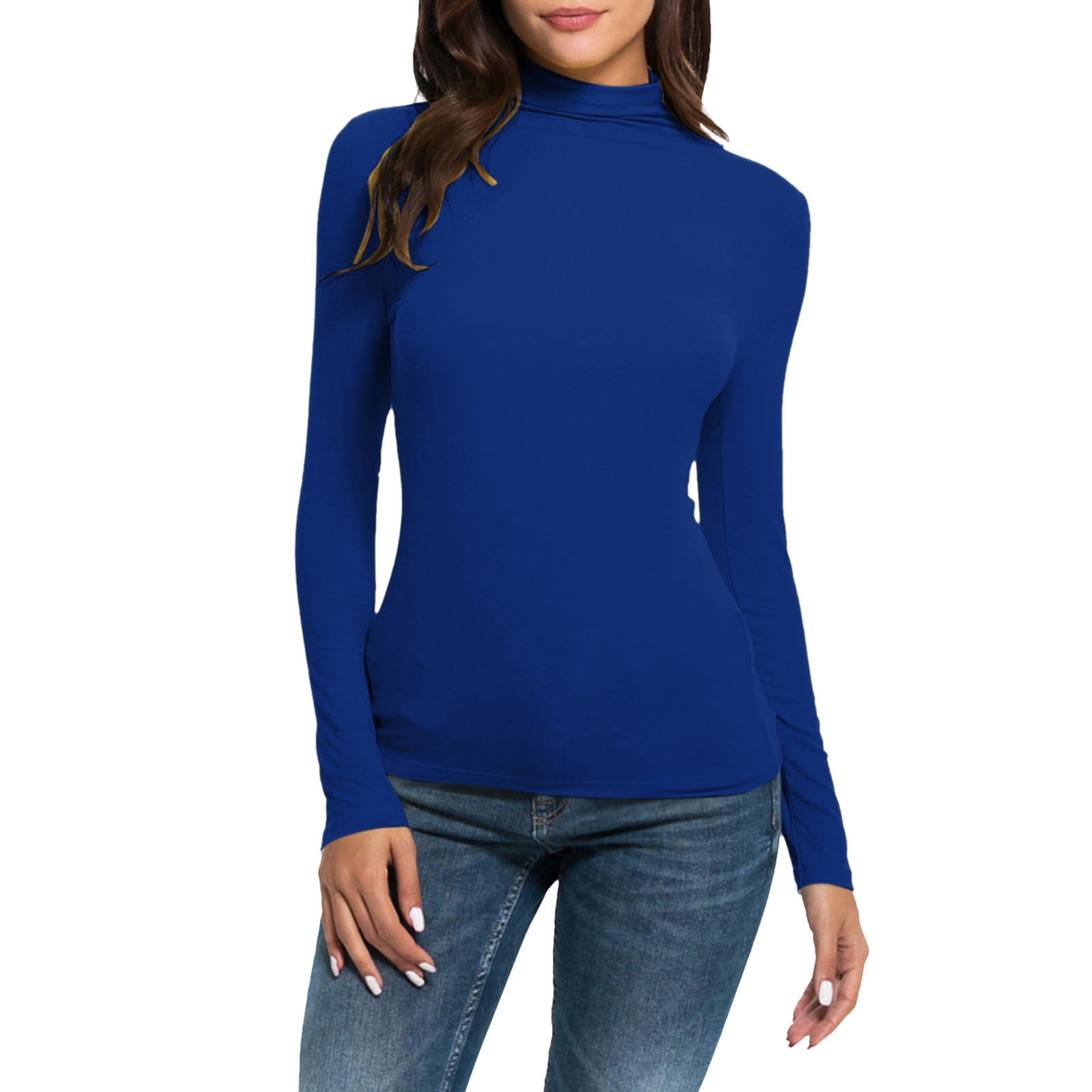 Blue Womens Blouses Women Casual Solid Long Sleeve Turtleneck Blouse ...