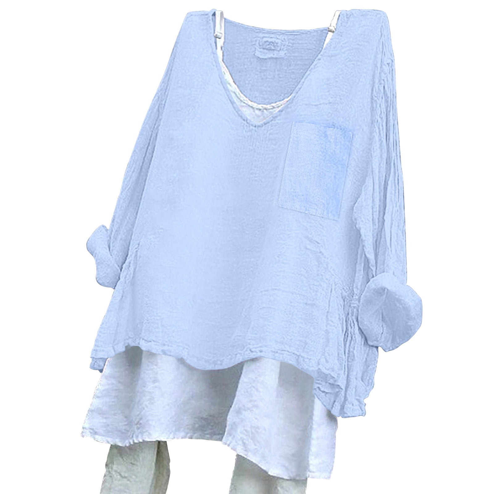 Blue Womens Blouses Women'S Solid Color Loose Plus Size Long Cotton ...