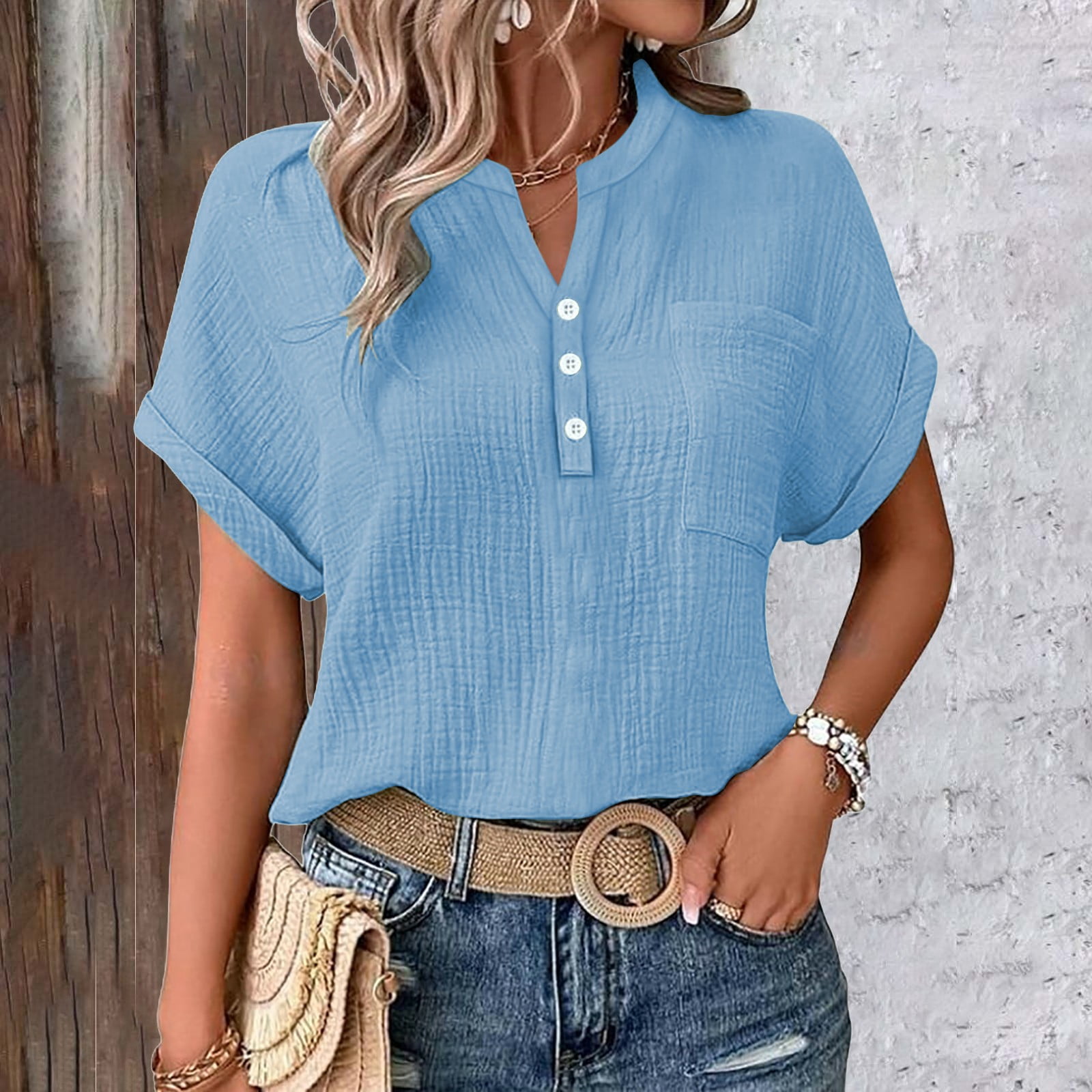 Blue Womens Blouses Womens Blouses Casual Tops Batwing Sleeve Pocket ...