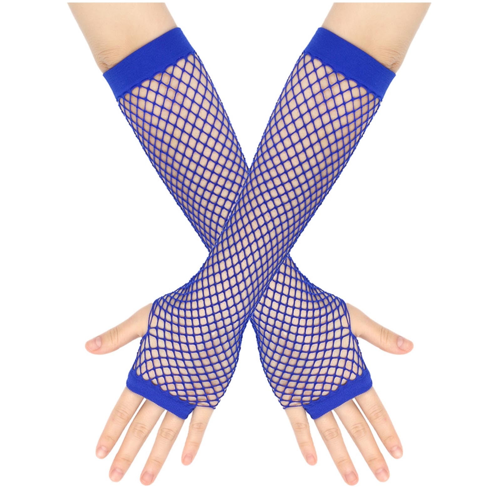 Blue Womens Blue Solid Color Fine Fishnet Long Gloves Stretchy Mesh ...
