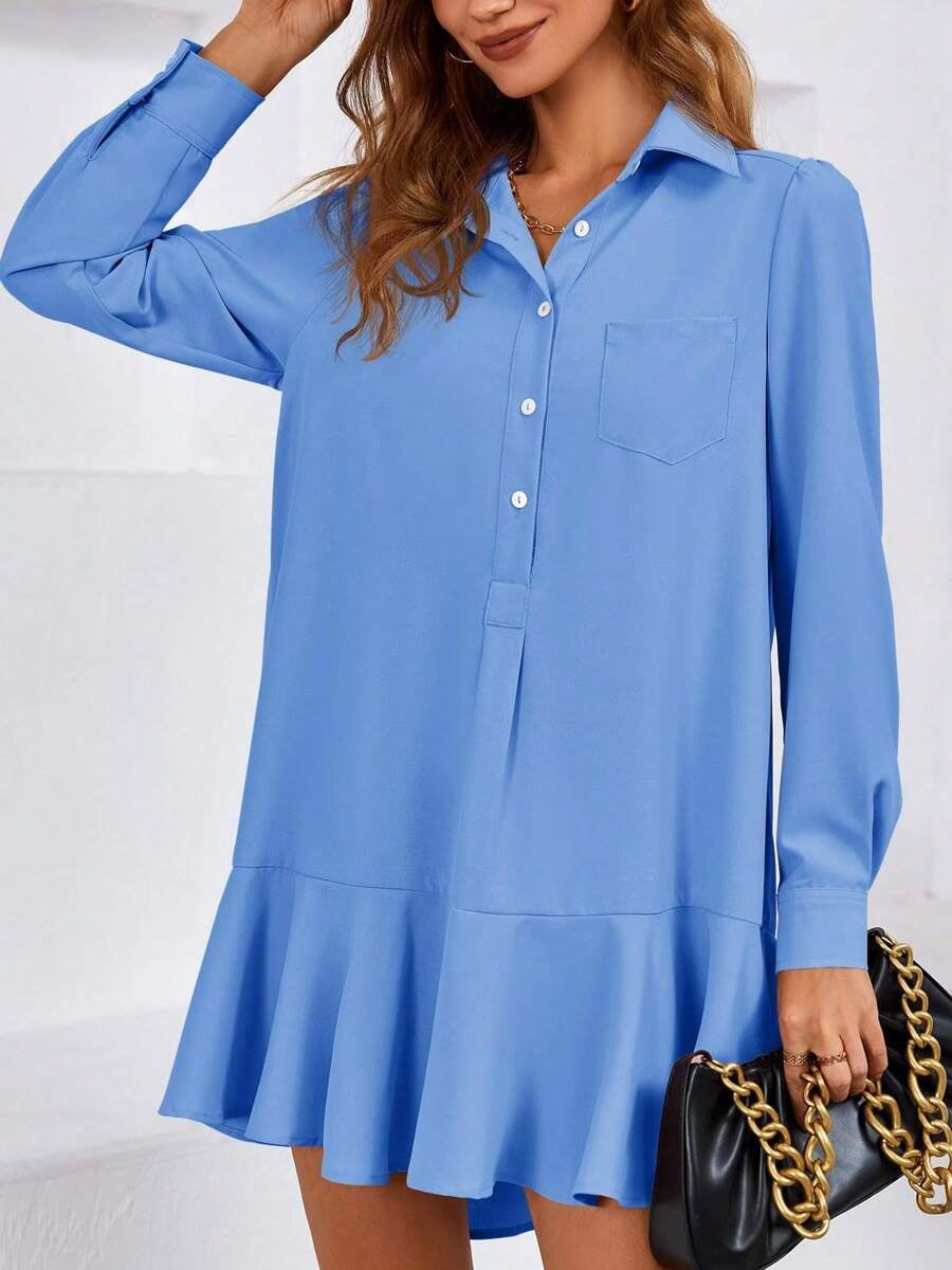Blue Womens Casual Button-Down Shirt Dress With Pleated Swing Hem And ...