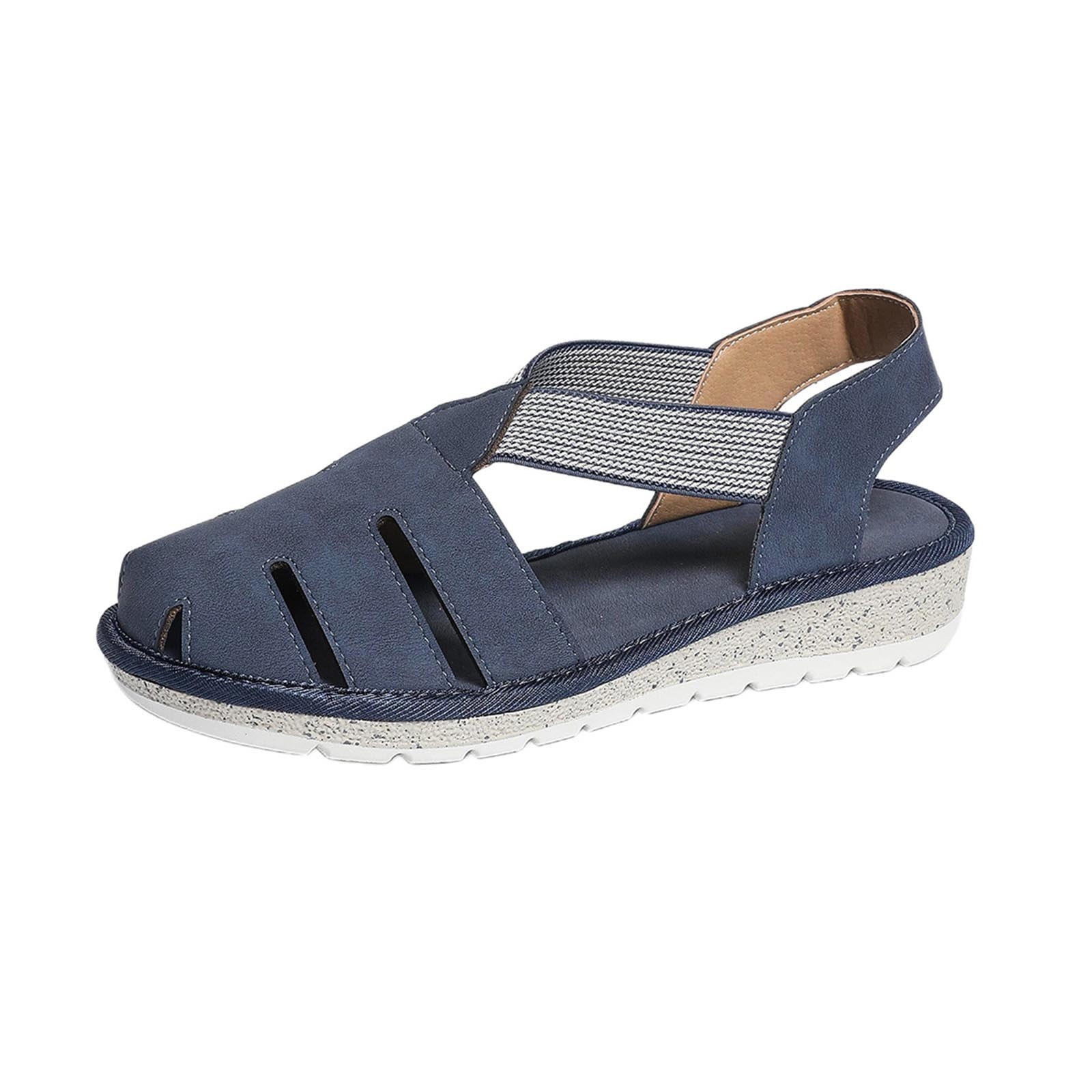 Blue Womens Casual Flat Sandals With Elastic Band Round Toe Open Toe ...