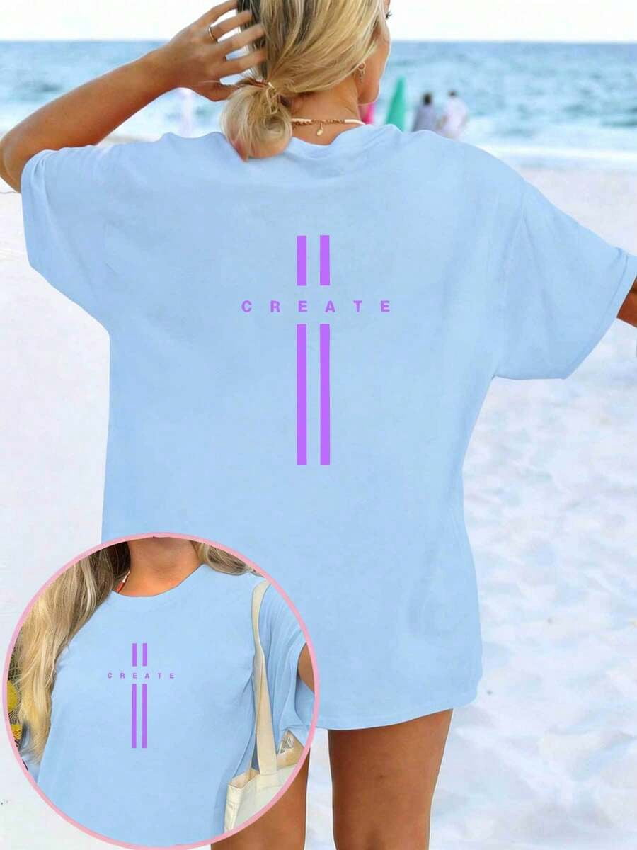Blue Womens Casual Oversized T-Shirt With Purple CREATE Graphic Print ...