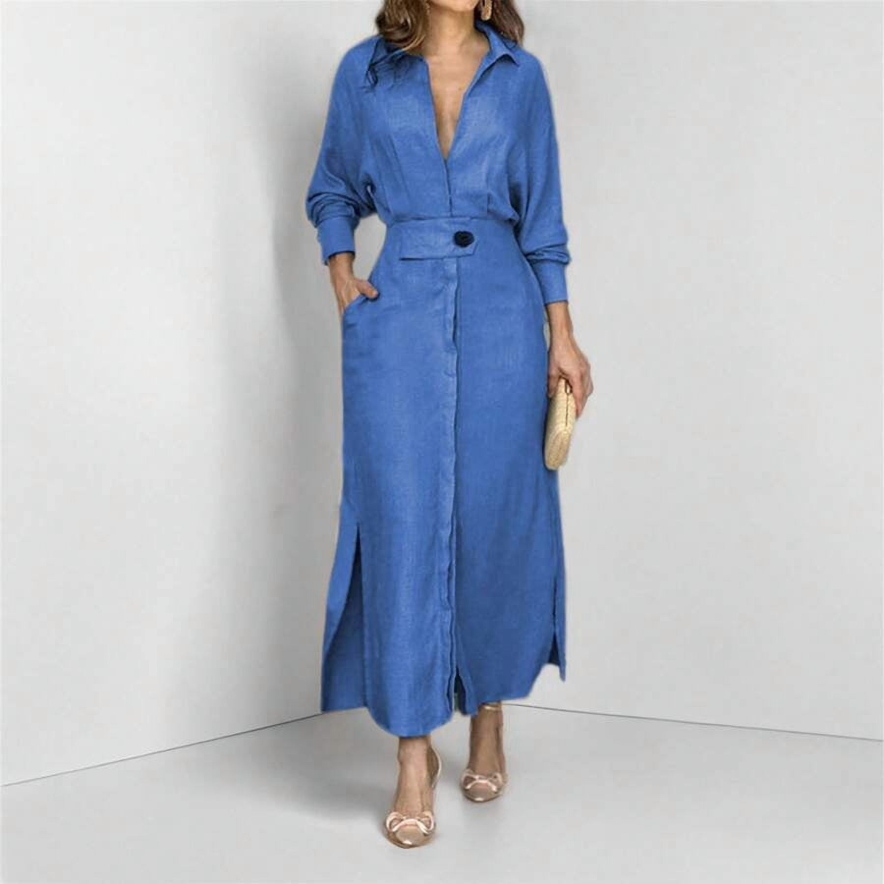 Blue Womens Collared Shirt Dress With Belted Waist, Long Sleeve, Maxi ...