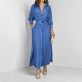 Blue Womens Collared Shirt Dress With Belted Waist, Long Sleeve, Maxi ...