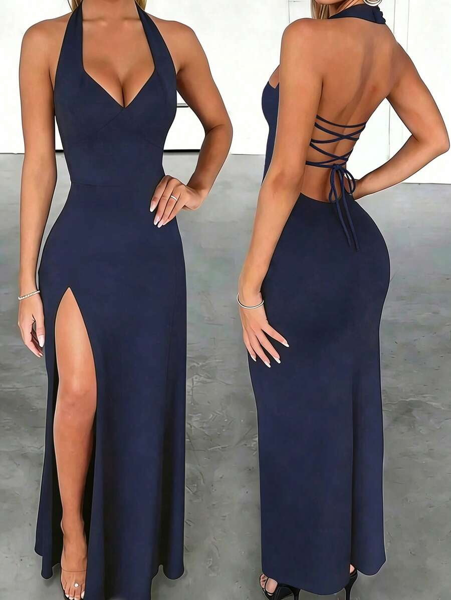 Blue Womens Deep V-Neck Halter Tie Backless High Slit Maxi Dress ...