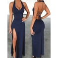 Blue Womens Deep V-Neck Halter Tie Backless High Slit Maxi Dress ...
